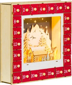 HOMCOM LED adventní kalendář s vesnickou scénou, 24 velkých zásuvek, MDF, 34 x 7 x 34 cm, červená