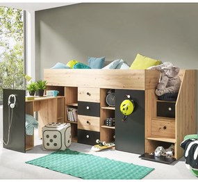 Patrová postel SMART 3 | 90x200 | PRAVÁ | s úložnými prostory a stolkem | artisan/černá