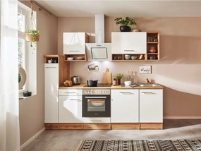 Respekta Kuchyně Hilde bílá/dub 250 cm-trouba+sklokeramická d./digestoř/myčka