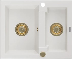 Mexen Carlos, granitový dřez 582x475x177 mm, 1,5-komorový, bílá se zlatým sifonem, 6518581500-20-G