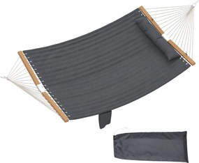 Outsunny prošívaná dvoumístná venkovní houpací síť s opěrkou hlavy, kapsou na časopisy a rozepřením z buku, 200 × 140 cm — šedá | Aosom