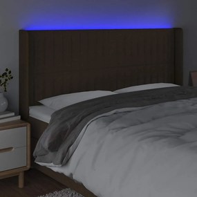 Čelo postele s LED tmavě hnědé 203 x 16 x 118/128 cm textil 3124311