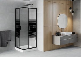 Mexen Rio, čtvercový sprchový kout s posuvnými dveřmi 70 (dveře) x 70 (dveře) x 190 cm, 5mm čiré sklo s pásky, černý profil + bílá sprchová vanička RIO, 860-070-070-70-20-4510