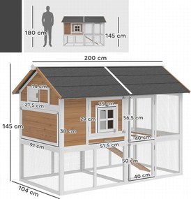 Kurník Kurník s výběhem Hnízdní box Výsuvná vanička Asfaltová střecha pro 4 slepice 200x104x145cm Dřevo Hnědá barva