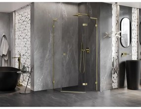 Mexen Lunar, L pravý výklopný pětiúhelníkový sprchový kout 90 x 90 cm, 8mm čiré sklo, zlatý profil, 831L-090P-090L-50-00-P