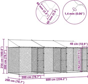 Psí klec s střechou Stříbrná 600 x 200 x 256 cm Ocel a PE 3368299