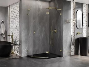 Mexen Lunar, L pravý výklopný pětiúhelníkový sprchový kout 90 x 80 cm, 8mm čiré sklo, zlatý profil, 831L-090P-080L-50-00-P