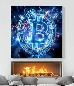 Obraz na plátně - Bitcoin, modré zářící logo FeelHappy.cz Velikost obrazu: 60 x 60 cm