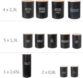 Orion Sada 12ks plechových dóz na potraviny, černé s nápisem, s bambusovým víkem SADA