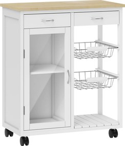 HOMCOM kuchyňský vozík z bambusu se 2 zásuvkami, skříňkou, policí a 2 nerezovými drátěnými koši, 67x35x80 cm, bílý