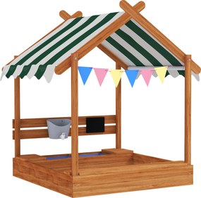 Pískoviště s ochranou proti slunečnímu záření, design domečku na hraní, se sadou hraček, opracované masivní dřevo, 124 x 116 x 146 cm, zelená barva