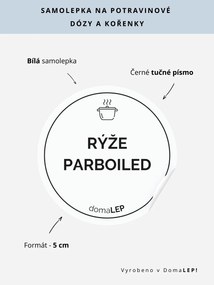 RÝŽE PARBOILED – bílá samolepka na dózu, tučné písmo, 5 cm | DomaLEP