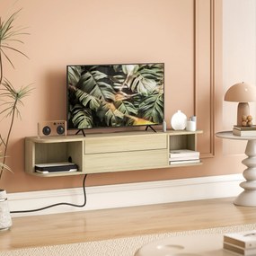 HOMCOM závěsný televizní nábytek, TV stolek pro televizi 127 cm, zásuvka, police, průchodky na kabely, 120x24x22,4 cm, vzhled přírodního dřeva