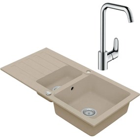 VIMA Dřezový set Hansgrohe 3/A- Granitový dřez, 1,5 sektoru, 96x48cm, Písková + Dřezová baterie Hansgrohe Focus