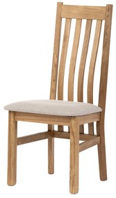Dřevěná jídelní židle, potah krémově béžová látka, masiv dub, přírodní odstín