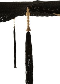 Černý boho slunečník s dřevěnou tyčí a střapci Lorie Wood - ∅ 140*250 cm