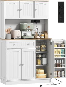 HOMCOM vysoký kuchyňský buffet, kuchyňská skříňka, nabíjecí stanice, 6 dveří, pracovní deska, držák na koření, 100x40x173 cm, bílá