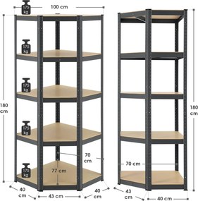 Juskys Rohový kovový regál Corner Basic 180 × 70 × 40 cm Barva: šedá