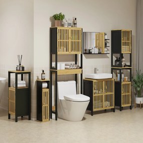 HOMCOM Kleankin Regál nad WC s koupelnovou skříňkou a 2 dveřmi, otevřeným policí 60D x 21,5Š x 172V cm, bambus - Přírodní dřevo a černá