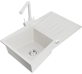 Mexen Cesar, granitový dřez 775x470x190 mm, 1-komorový a bílá baterie Duero, bílá, 6514-20-671600-20