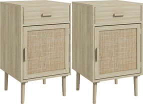 HOMCOM Set 2 nočních stolků s ratanovým šuplíkem a nastavitelnou policí do ložnice nebo obývacího pokoje 40x40x68,5 cm Dub | Aosom