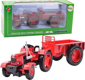 LEAN Toys Kovový zemědělský traktor s přívěsem, červený, v měřítku 1:18