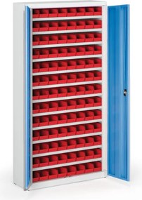 Skříň s plastovými boxy BASIC - 1800 x 400 x 920 mm, 104xA, šedá/modré dveře