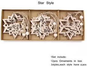Vánoční dekorace - vánoční ozdobička ze dřeva (12 ks v balení) 1-13 Barva: Box-Star Style