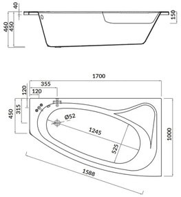 Cersanit Sicilia, asymetrická rohová vana pravá 170x100cm + nožičky, bílá, S301-098
