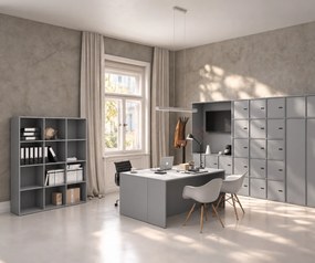 Kancelářská skříň FRAME, 6x dveře, prostor pro TV, 1299 x 450 x 2162 mm, mechanický kódový zámek, šedá