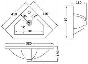 Aqualine Aqualine, Keramické umyvadlo rohové 41x41 cm, na nábytek, 1601-40
