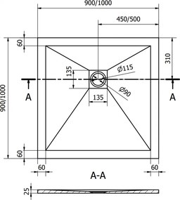 Mexen Stone+, čtvercová vanička z minerálního kompozitu 100 x 100 cm, černá, zlatá lesklá krytka, 44701010-G