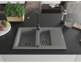 Mexen Gaspar, granitový dřez 737x475x177 mm, 1,5-komorový, šedá s černým sifonem, 6507731505-71-B