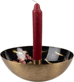 Černo-zlatý kovový svícen s růžovými květy Flowers Gold - Ø 17*6 cm