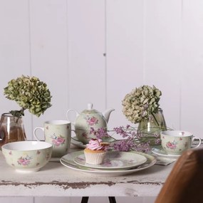 Zelená porcelánová miska s květy a ptáčkem Cheerful Birdie – 500 ml
