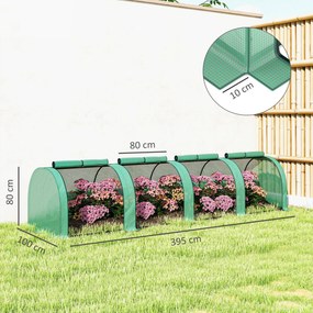 Mini skleník Outsunny - mini tunelový skleník pro pěstování rajčat 4 x 1 x 0,8 m, ocel, vysokohustotní PE 140 g/m², proti UV, 4 dveře s rolovacím zip…