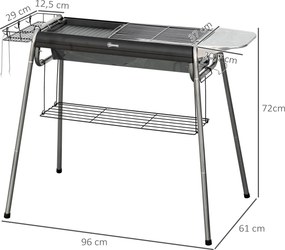 Outsunny Přenosný gril na dřevěné uhlí s nerezovou grilovací miskou a úložným regálem pro zahradu a kempování 96x61x72 cm Černý
