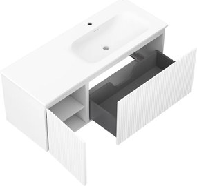 Mexen Rivel, koupelnová skříňka 120 cm s pravým umyvadlem Vela, 1S, 1D, drážkovaná, bílá matná, 91A23-12047-3-BBFF01-W23P01
