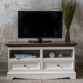 Massive home | Belluno Elegante malý bílý televizní stolek z masivu s ořechovou deskou
