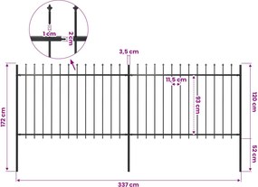 Zahradní plot s kopím nahoře ocelový 337 x 120 cm černý 277621