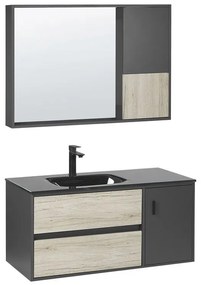 Sada koupelnového nábytku se zrcadlovou skříňkou 100 cm světlé dřevo / černá TERUEL Beliani
