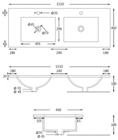 Sapho, SLIM keramické dvojumyvadlo 150x46cm, nábytkové, 1601-150