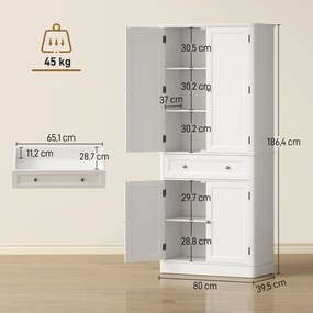 HOMCOM 186,4 cm vysoká kuchyňská skříň se čtyřmi dvířky, zásuvkou a nastavitelnými policemi, bílá – 80 x 39,5 x 186,4 cm