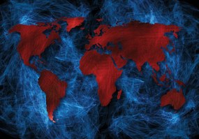 Fototapeta - Červená mapa světa - modrý podklad (152,5x104 cm)