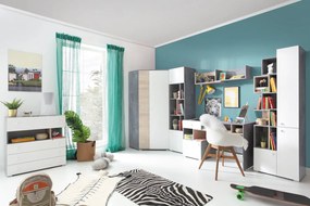 Rohová šatní skříň SIGMA SI2 Beton + bílá lux + dub