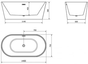 Mexen Luna, volně stojící vana 140 x 75 cm, bílá, černý přepad, 52031407500-70