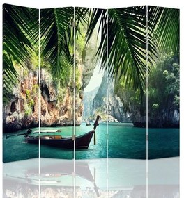 Ozdobný paraván Palmy Tropické moře - 180x170 cm, pětidílný, obustranný paraván 360°