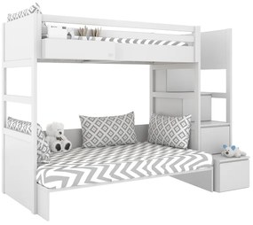BAMI Bílá patrová postel se dvěma lůžky SIMONE s úložnými schody a policí 90x200 cm, 120x200 cm Zvolte šuplík: Bez šuplíku, Zvolte stranu: Vlevo