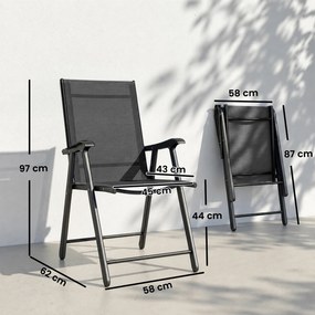 Outsunny sada 2 skládacích zahradních židlí — vysoké opěradlo a područky, ocelový rám, černé Textilene, 58 x 62 x 97 cm