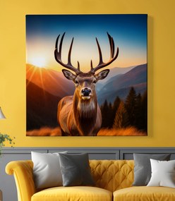 Obraz na plátně - Majestátní jelen na horské louce se západem slunce FeelHappy.cz Velikost obrazu: 100 x 100 cm